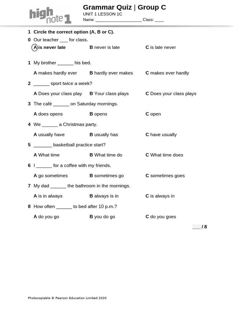 HighNote1 Grammar Quiz Unit01C GroupC | PDF