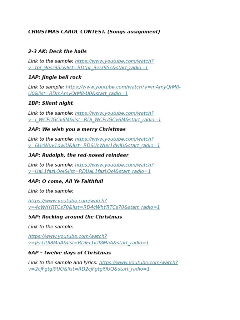 Christmas Carol Contest Songs List | PDF
