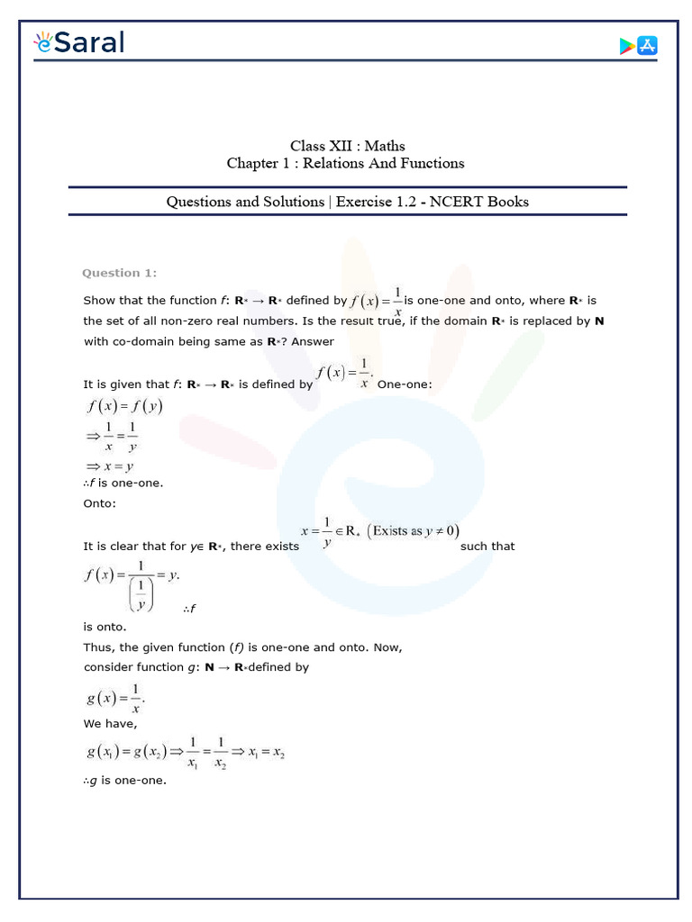 NCERT Solutions For Class 12 Maths Chapter 1 Exercise 1.2 Relations and Functions PDF | PDF ...