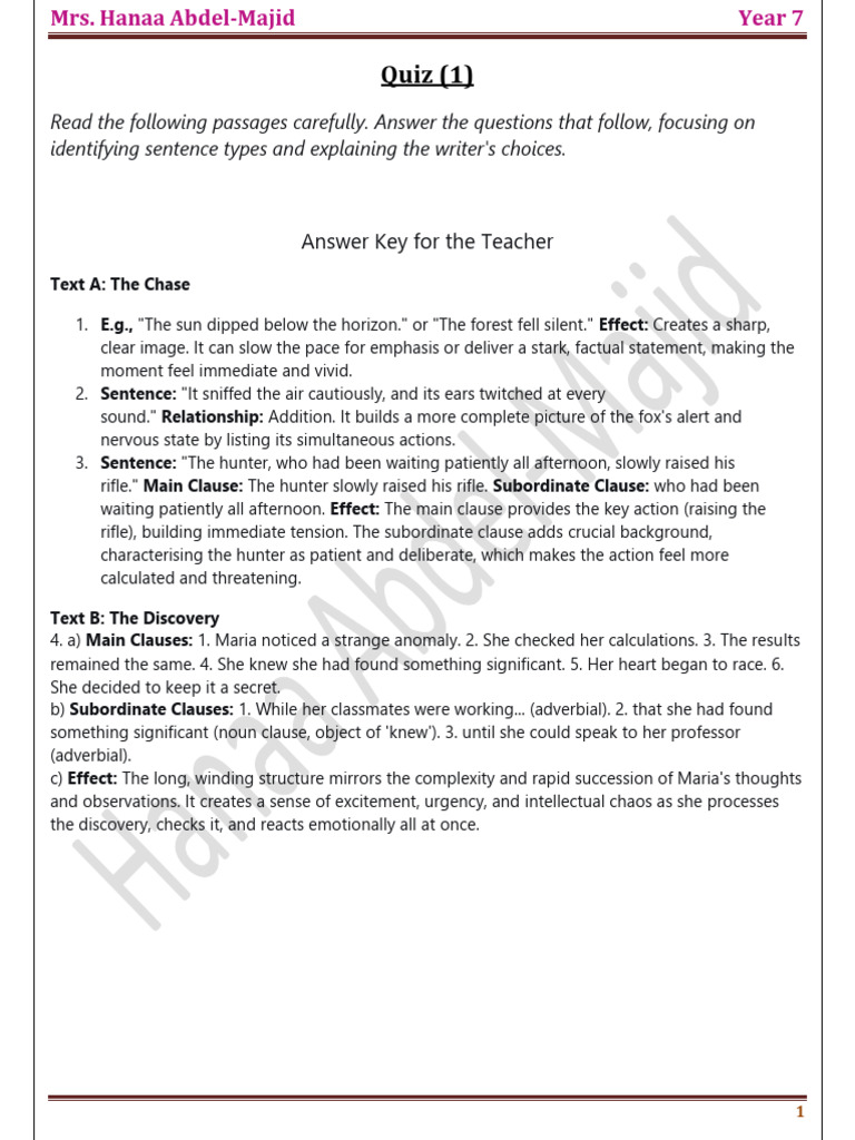 Year 7 Sentence Types Quiz Guide | PDF