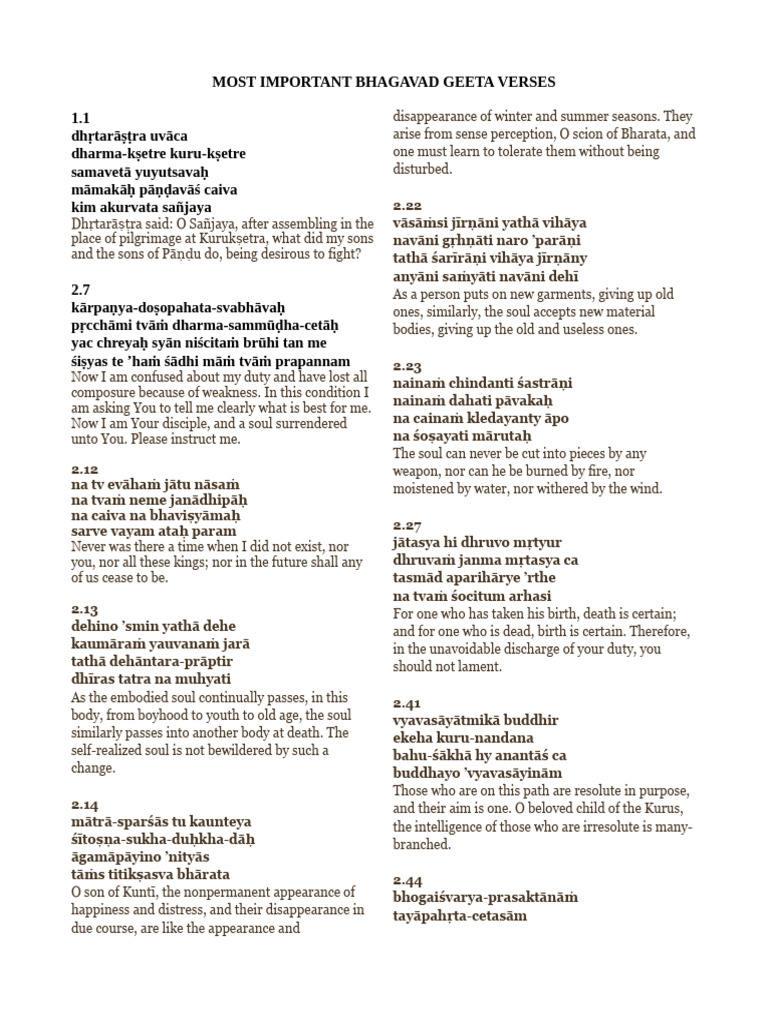 Most Important Bhagavad Geeta Verses | PDF | Religious Philosophical ...