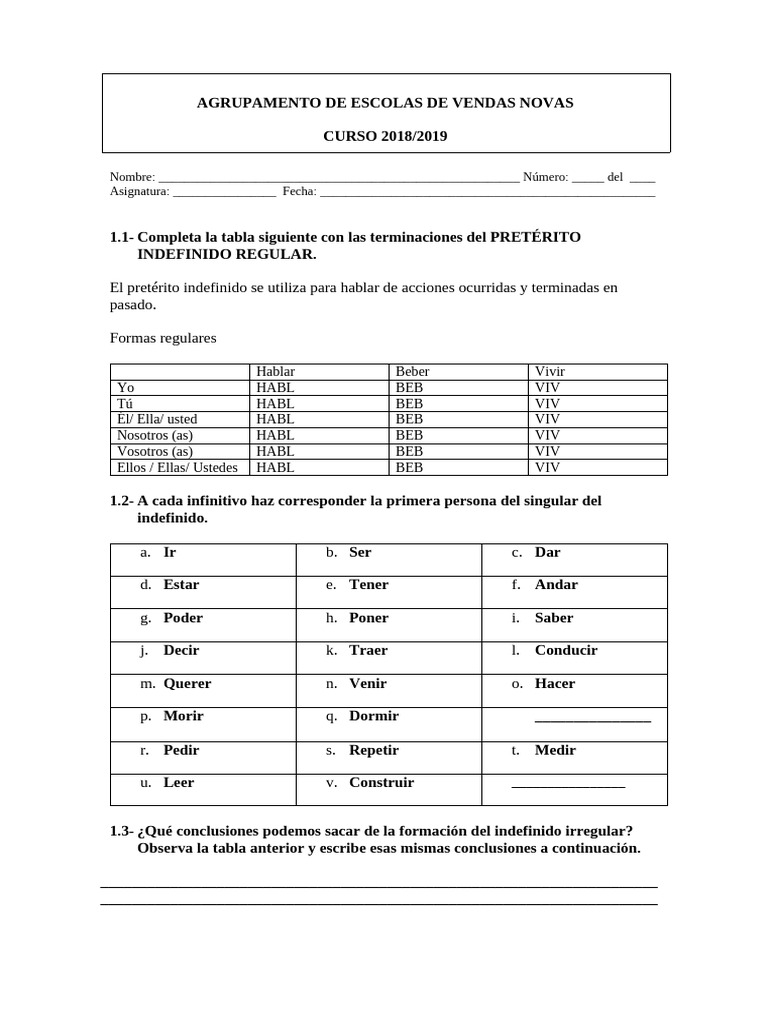 Ejercicios de pretérito indefinido | PDF