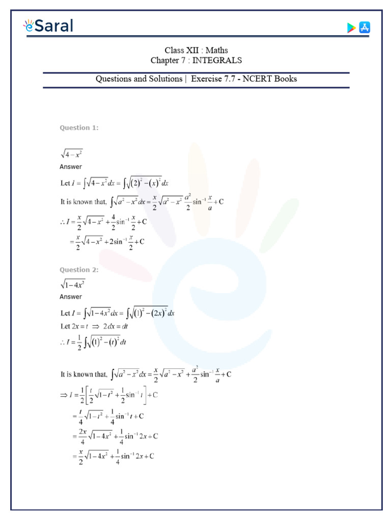 NCERT Solutions For Class 12 Maths Chapter 7 Exercise 7. 7 Integrals ...