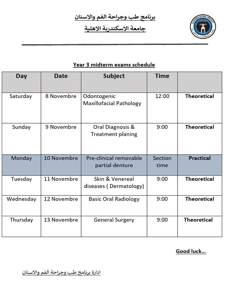 Midterm Exam Schedule for Dentistry Program | PDF