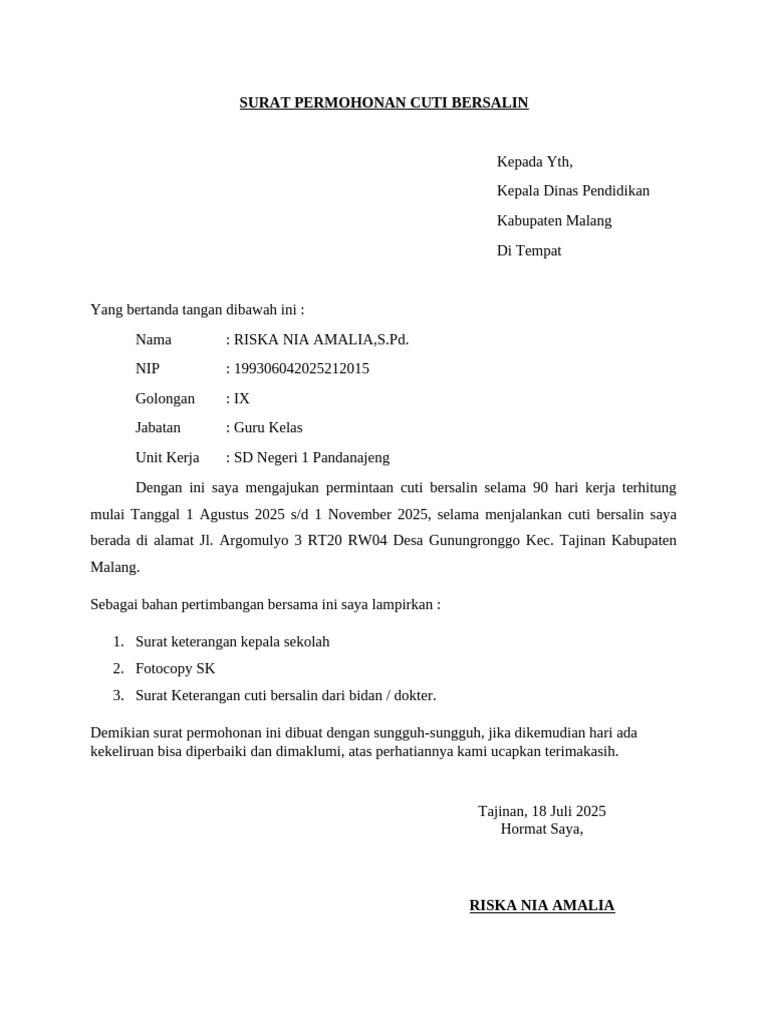 Surat Permohonan Cuti Bersalin | PDF