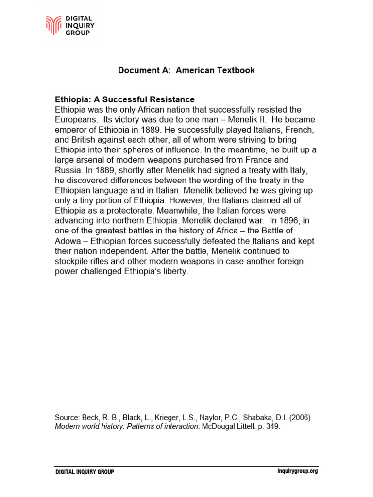 Battle of Adwa Student Materials | PDF | Ethiopia | International Relations