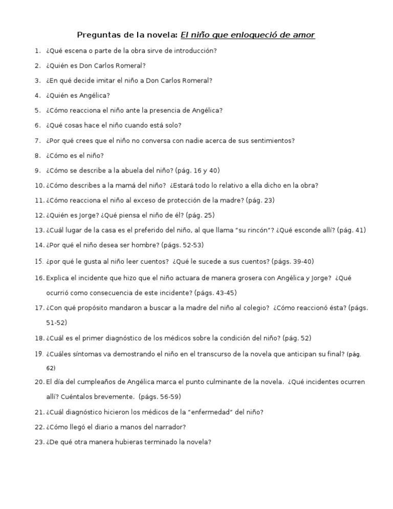 Preguntas de la novela el niño que enloqueció de amor
