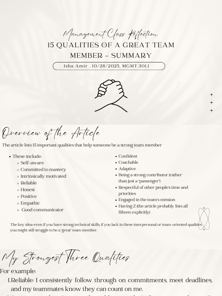 15 Qualities of A Great Team Member - Summary Subtitle Management Class ...