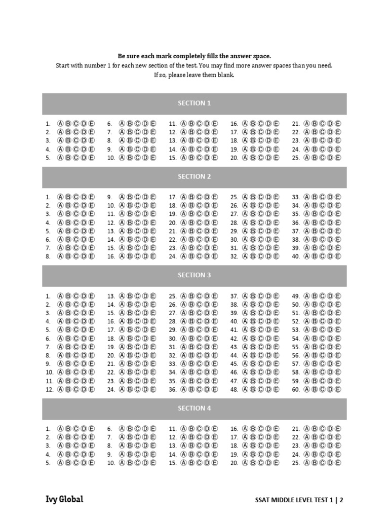 SSAT Middle Level Test 1 Answers | PDF