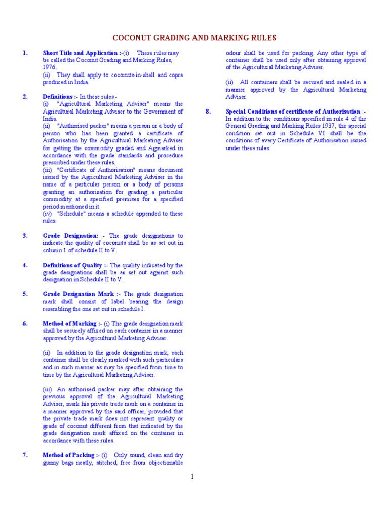 Coconut Grading Rules 1976 | PDF | Seed | Coconut