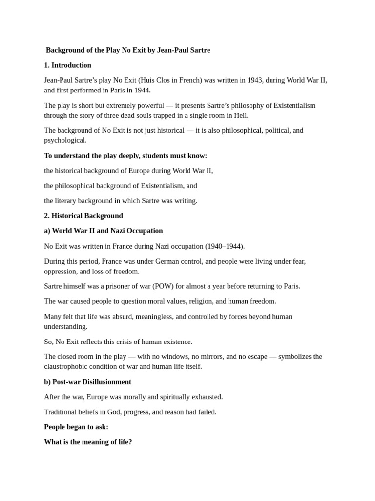 Background of the Play No Exit by Jean | PDF | Existentialism | Jean ...