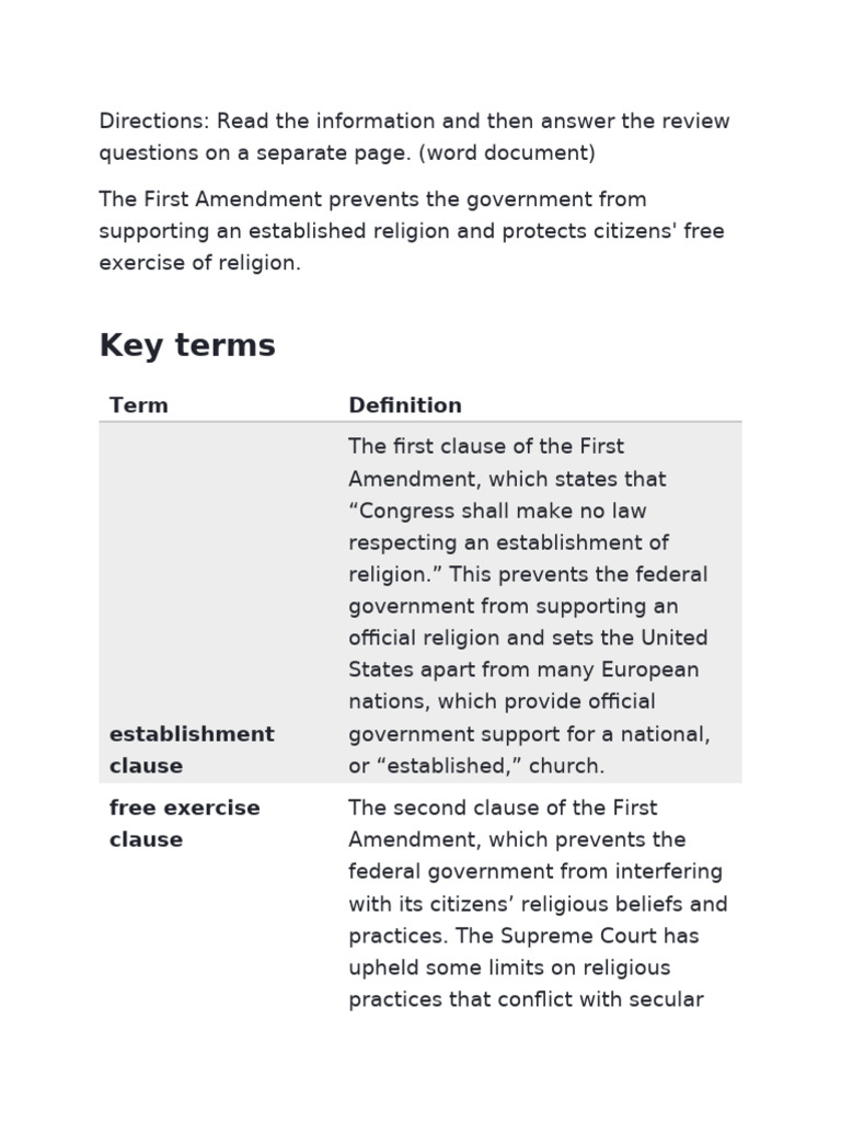 1st Amendment Classwork | PDF | Establishment Clause | Free Exercise Clause