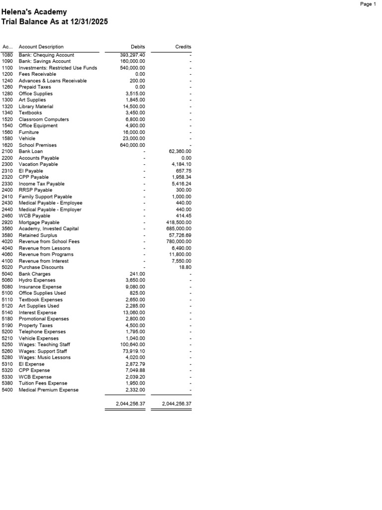 Helena's Academy Trial Balance 2025 | PDF | Expense | Banks