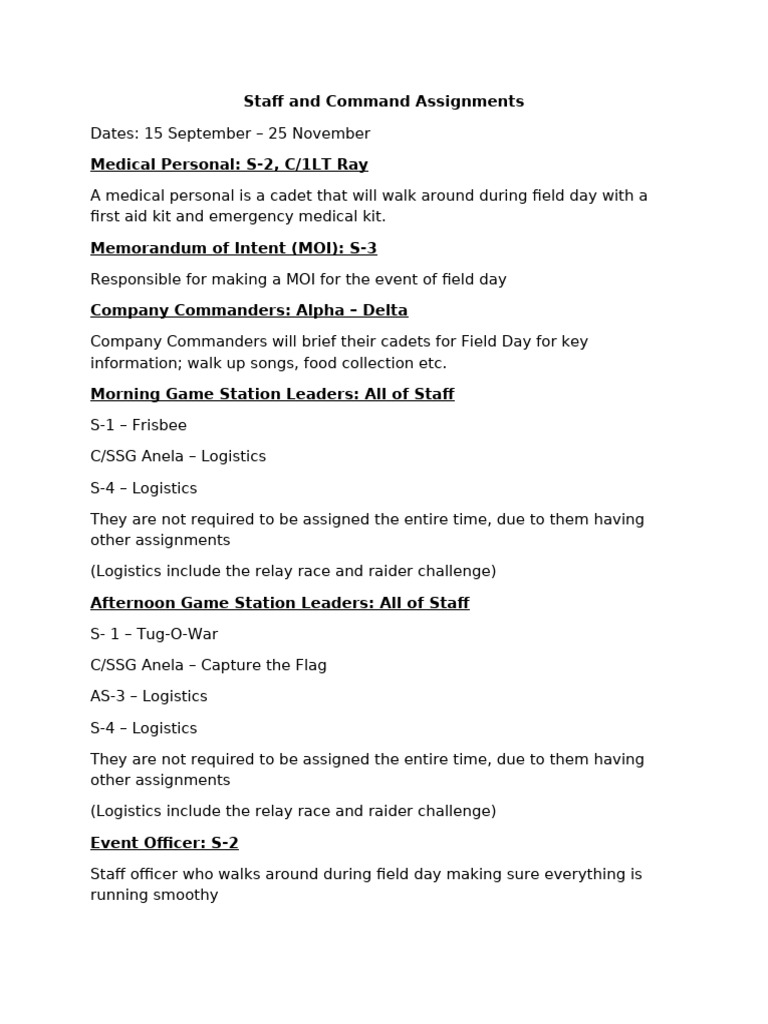 Field Day Staff Assignments Overview | PDF