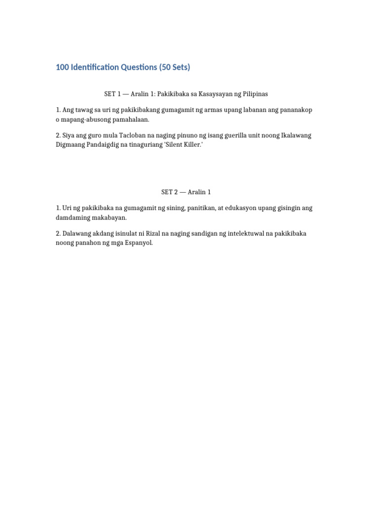 Identification Questions 50 Sets | PDF