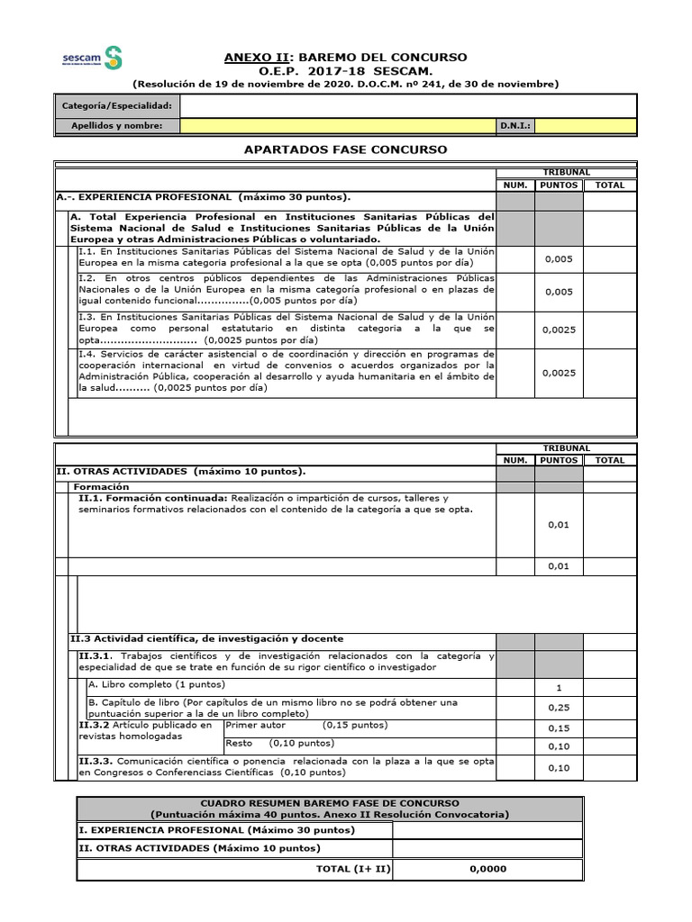 Baremo Concurso Técnico Medio Sanitario | PDF