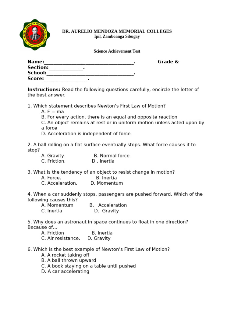 Science Achievement Test on Newton's Laws | PDF | Force | Newton's Laws ...