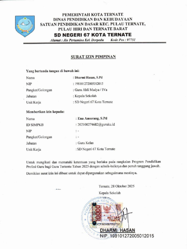 Surat Ijin Kepala Sekolah | PDF