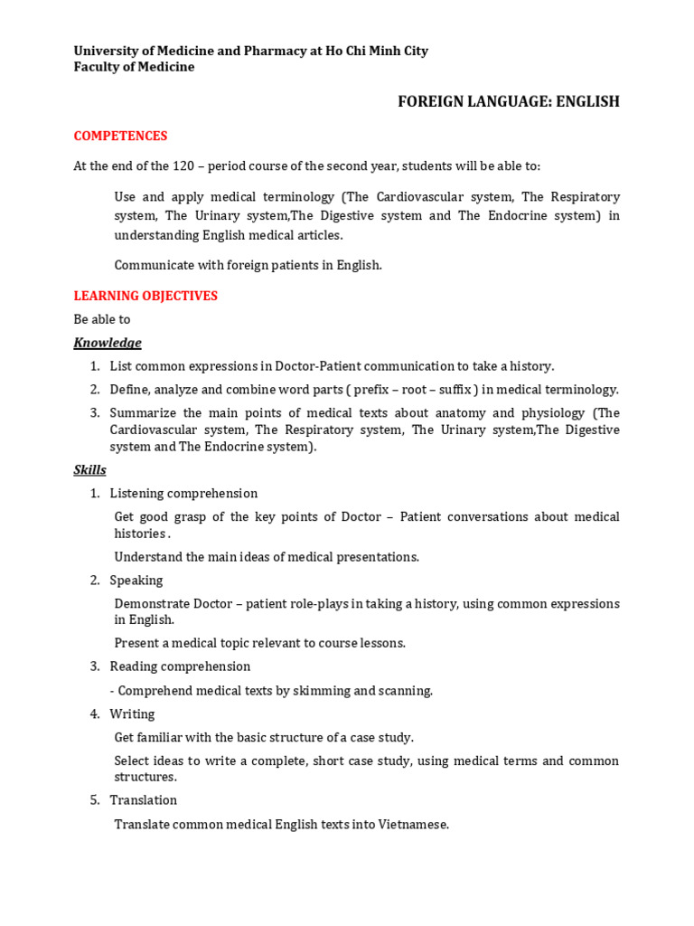 Medical English Course Competencies | PDF | Endocrine System | Reading ...