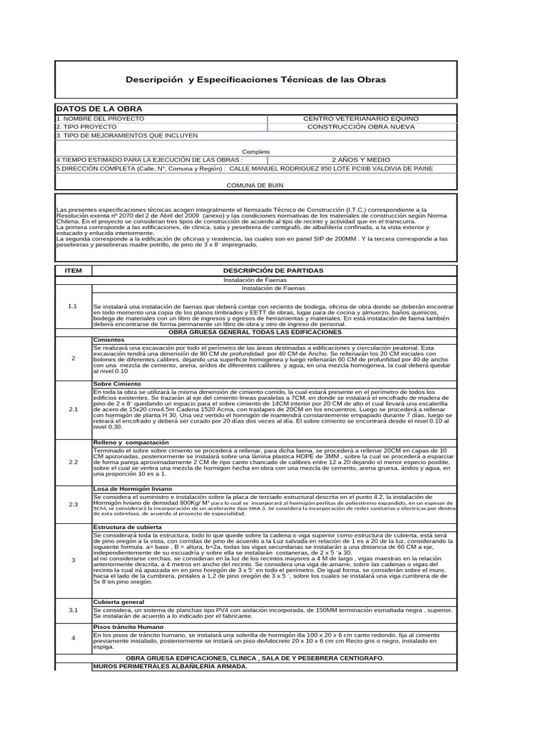 Especificaciones Tecnicas Formato Minvu | PDF | Fundación (Ingeniería) | Paneles de yeso