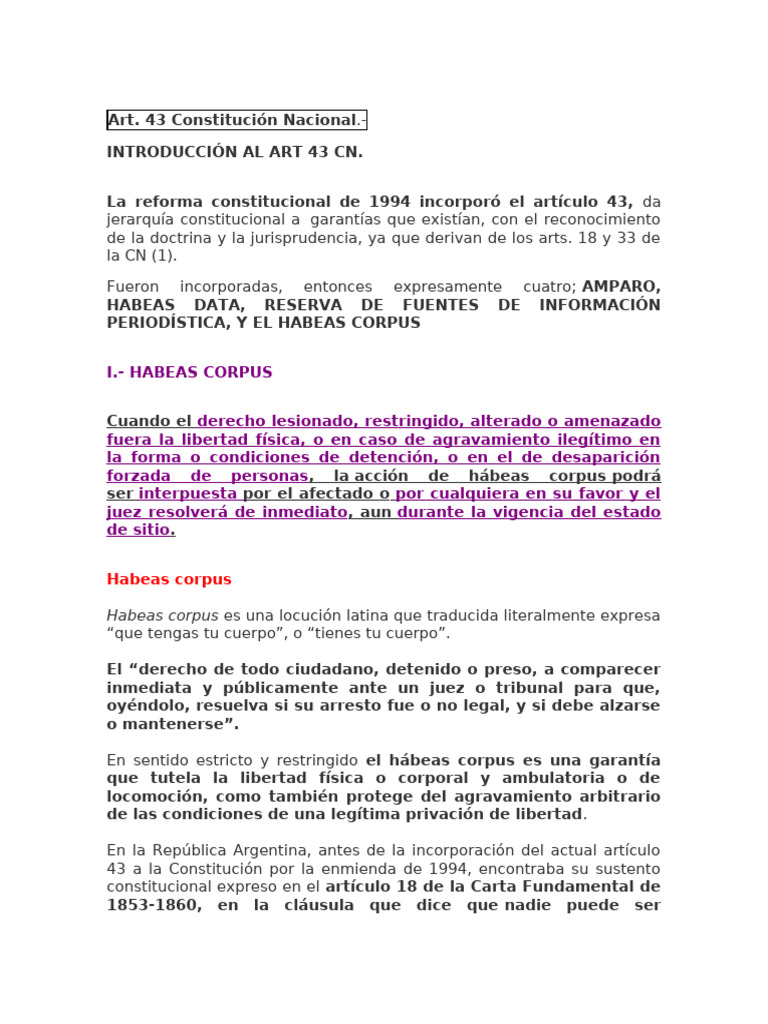 Análisis Articulo 43 de La Constitución | PDF | Habeas corpus | Ley común