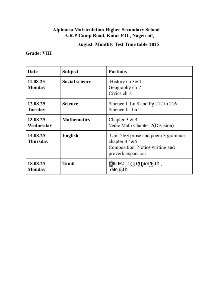 August Month Timetable | PDF