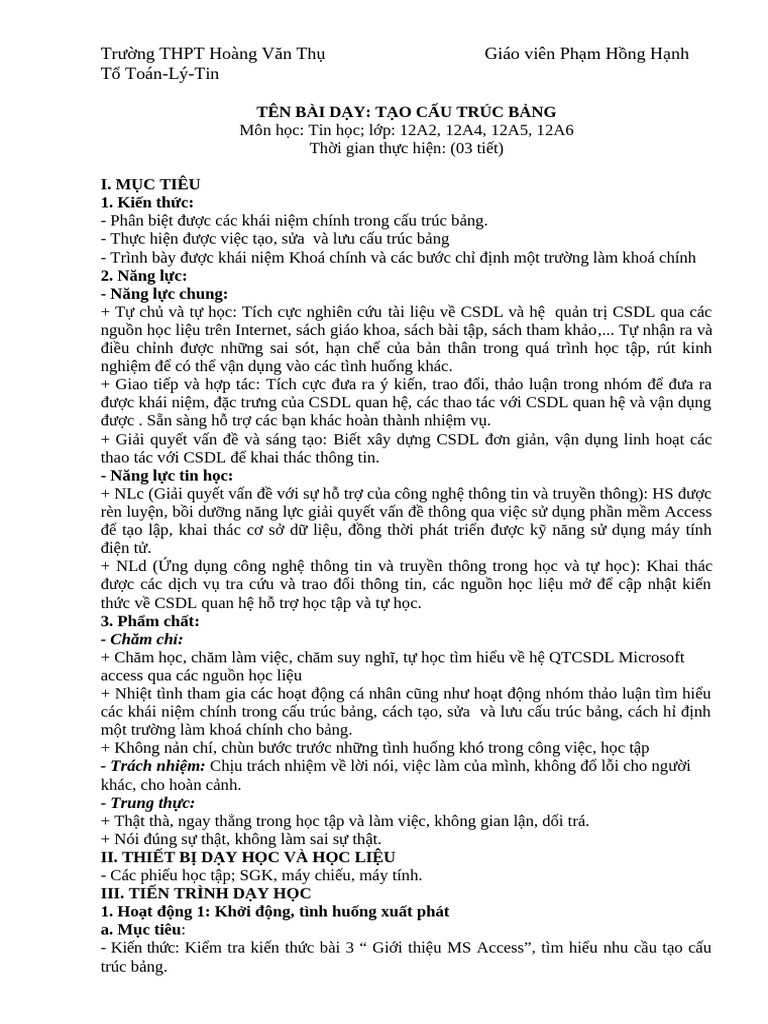 4-12A2,12A4,12A5, 12A6-Tin học 12 -Tiết 9,10,11 - Tạo cấu trúc bảng | PDF