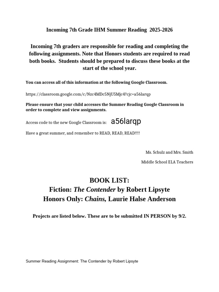 7th Grade Summer Reading Assignments 2025 | PDF