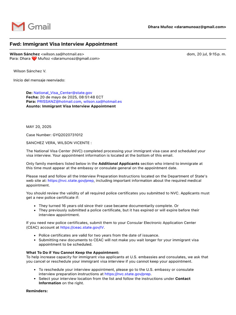 FWD: Immigrant Visa Interview Appointment | PDF | Travel Visa | Diplomacy