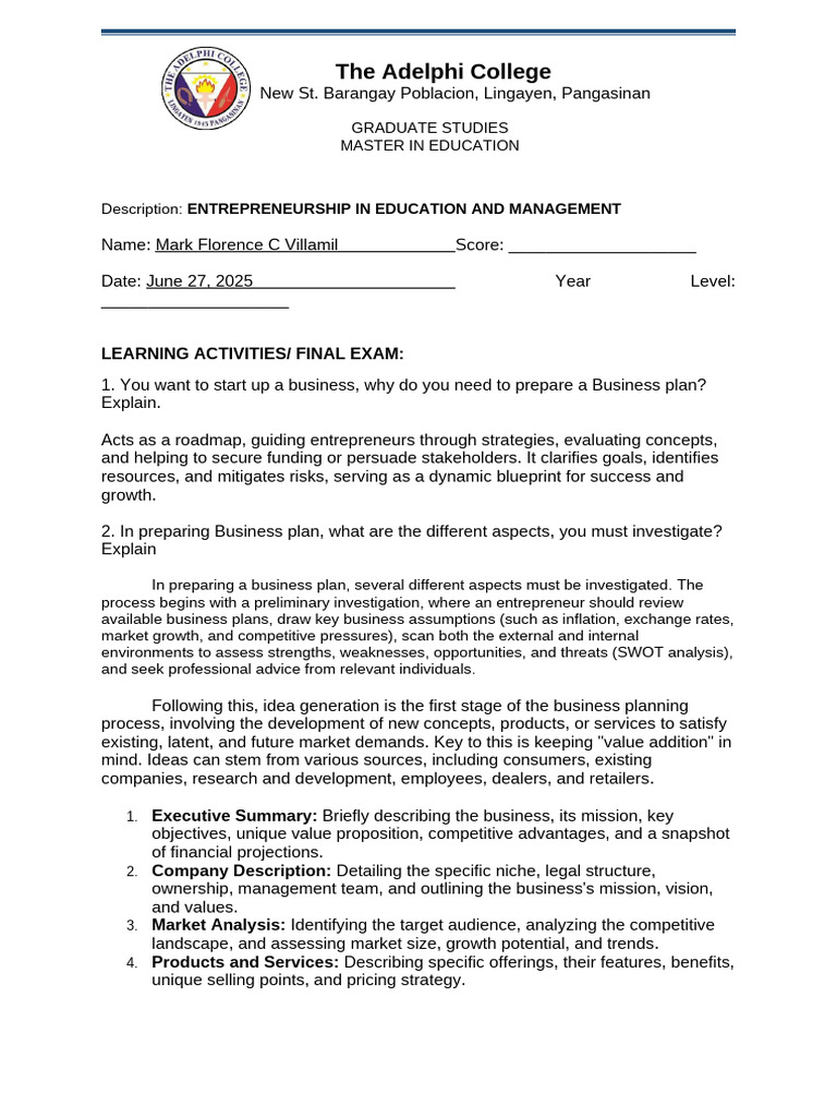 Maed-Entrep Educ Mgnt Final Activity-And-exam Mark Florence c Villamil ...