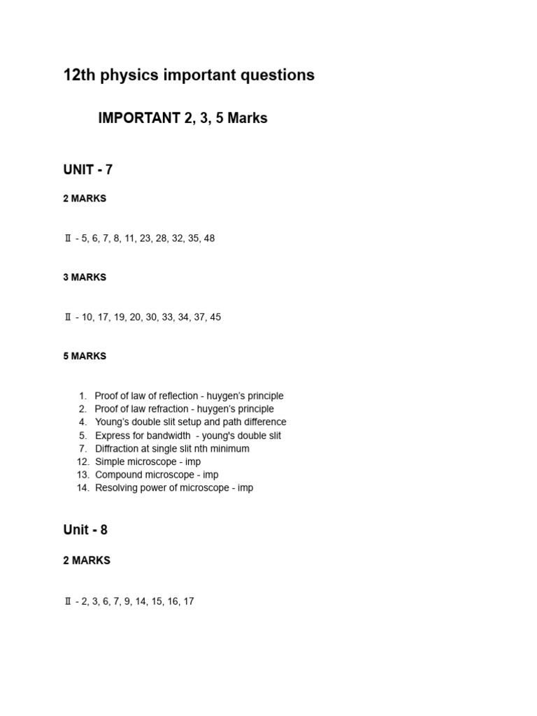 Important Physics Questions for 12th Grade | PDF