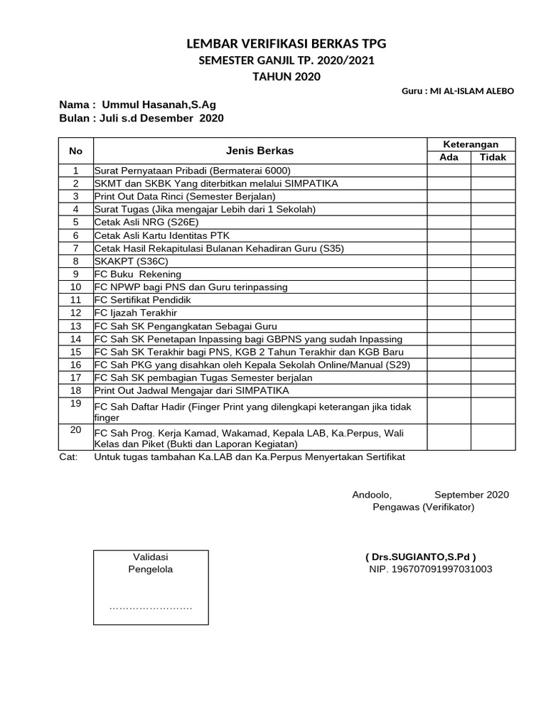 Lembar Verifikasi Berkas TPG 2020 | PDF