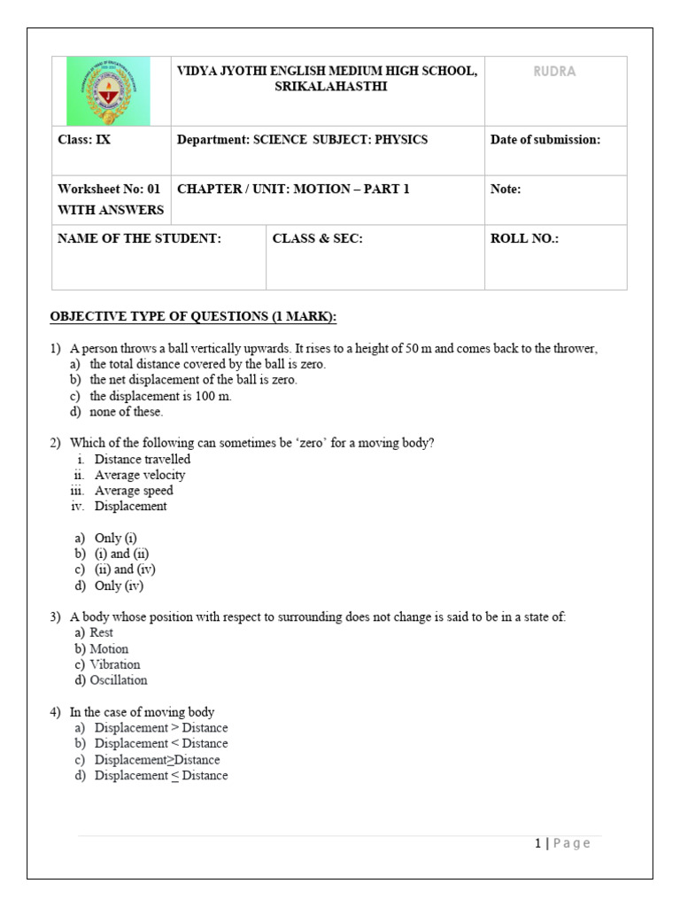 Motion Concepts Worksheet with Answers | PDF | Oscillation | Mechanics