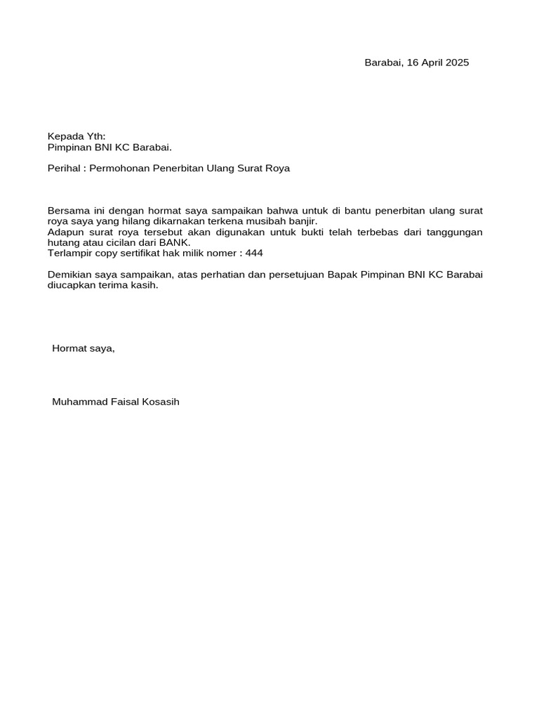 Permohonan Surat Roya BNI | PDF