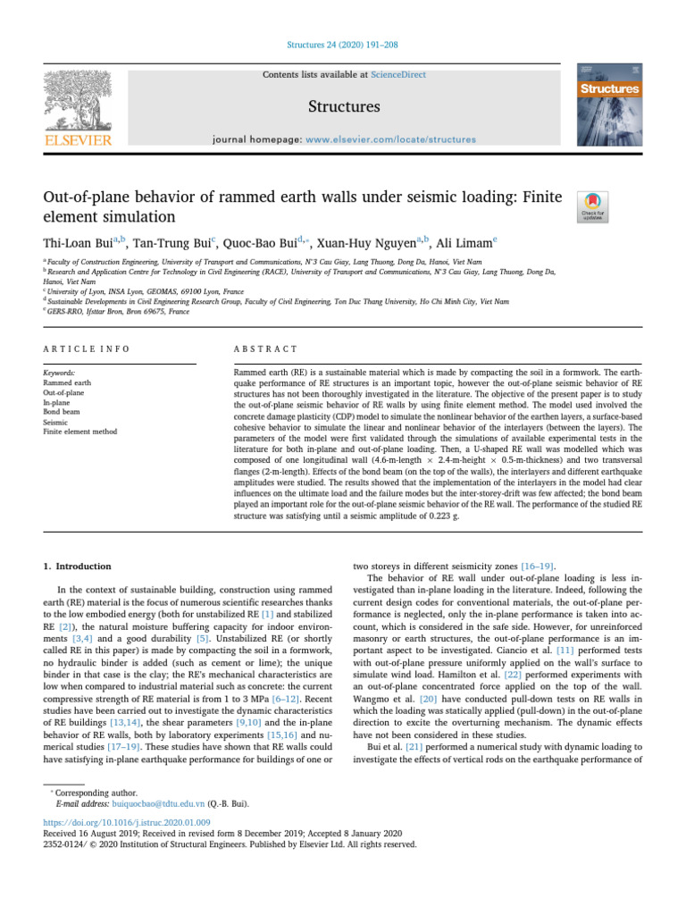 Out-Of-plane Behavior of Rammed Earth Walls Under Seismic Loading ...