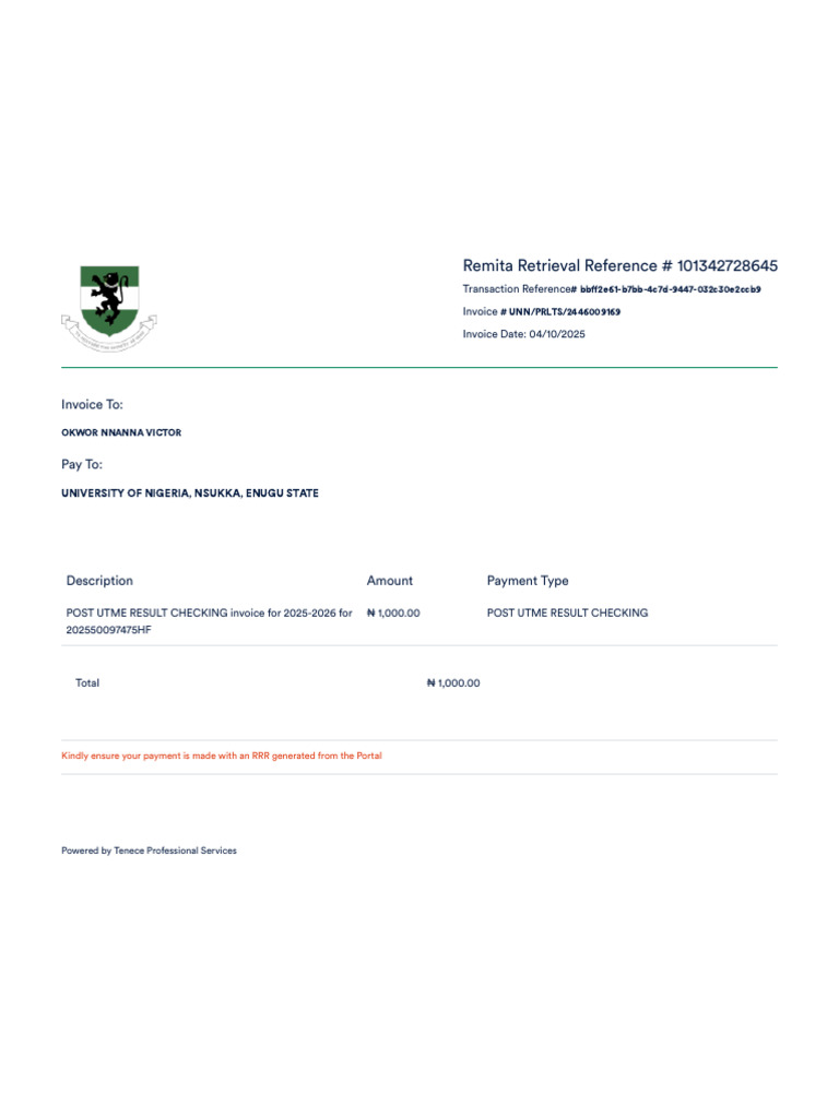 UNN Post UTME Result Invoice 2025-2026 | PDF