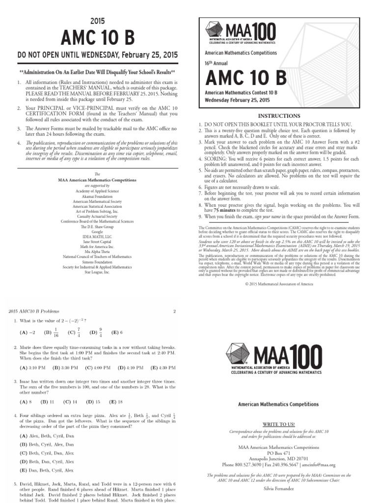 2015 AMC 10B Problems | PDF