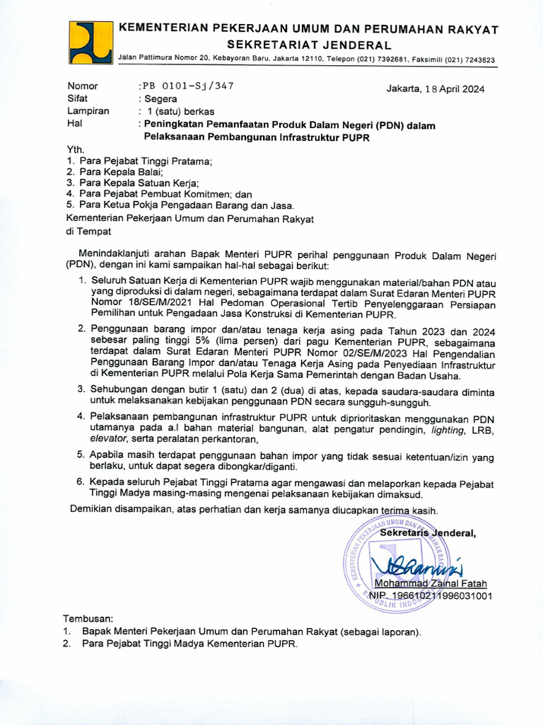 Surat Sekjen PUPR Terkait P3DN | PDF