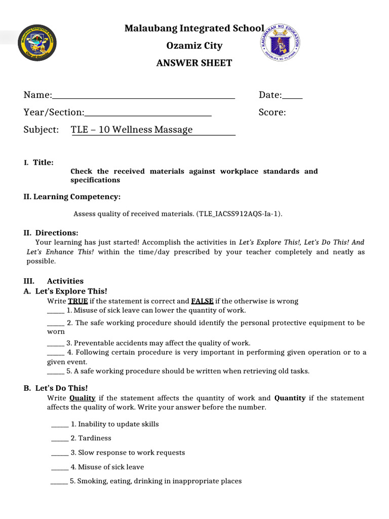 Tle 10 q3 Module 1 Act Day 2 | PDF | Occupational Safety And Health | Safety