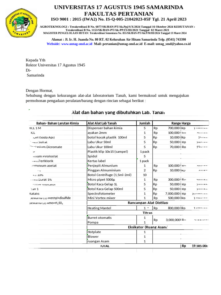 Permohonan Pengadaan Alat Lab Tanah | PDF