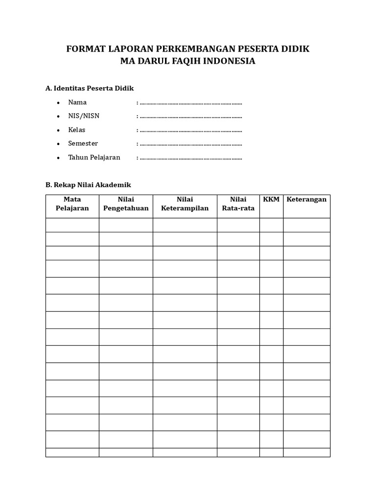 Format Laporan Perkembangan Peserta Didik | PDF