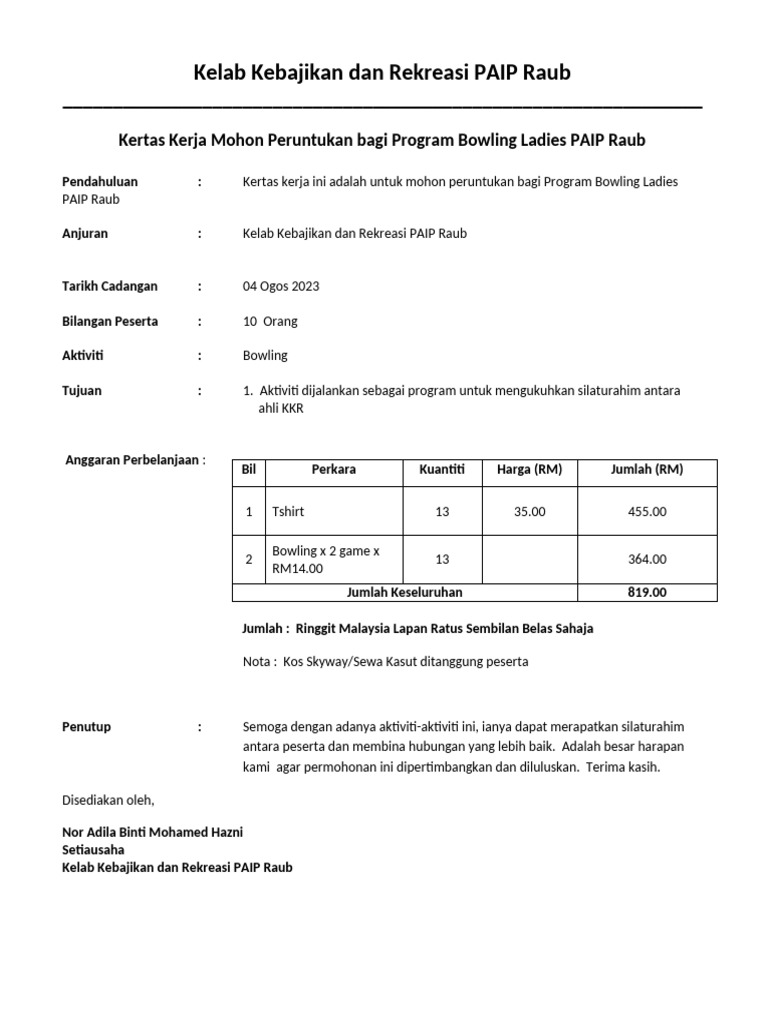 Permohonan Program Bowling Ladies PAIP | PDF