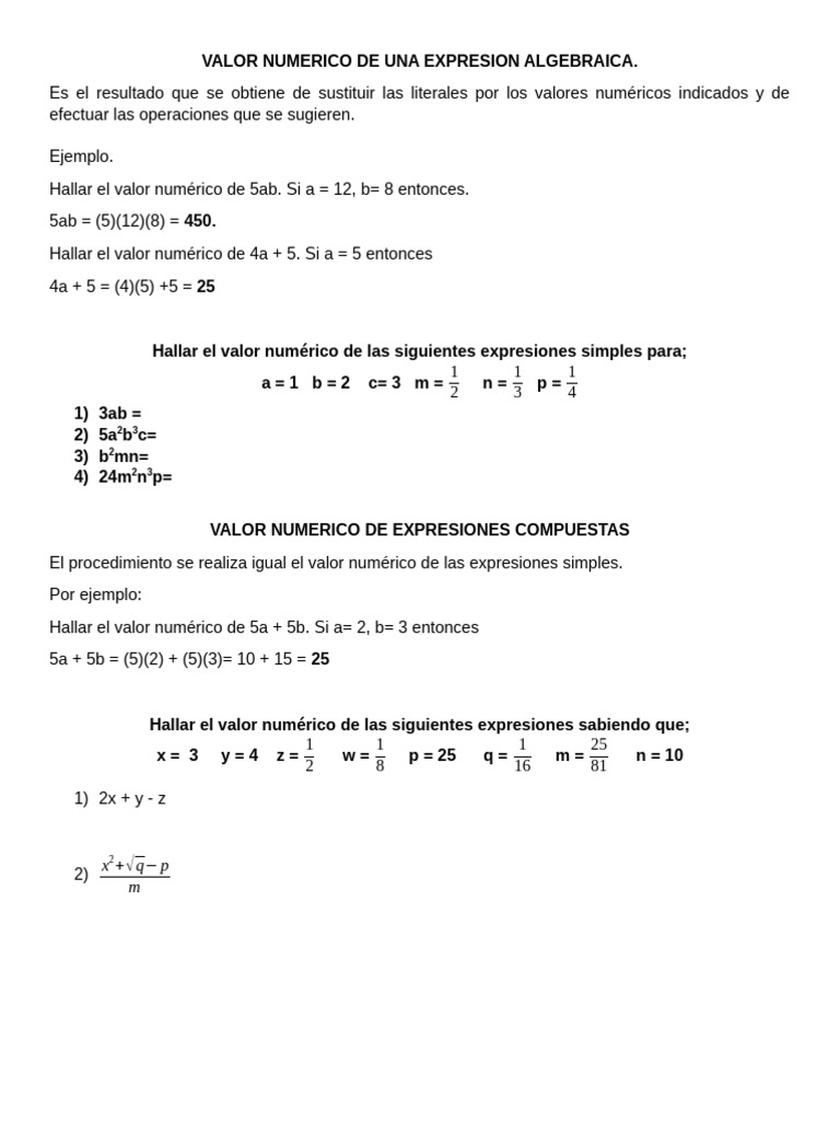 Valor Numerico de Una Expresion Algebraica | PDF