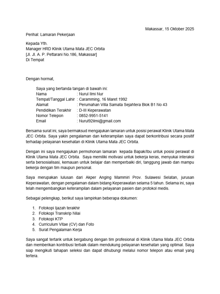 Contoh Surat Lamaran Kerja Klinik Utama Mata JEC Orbita | PDF