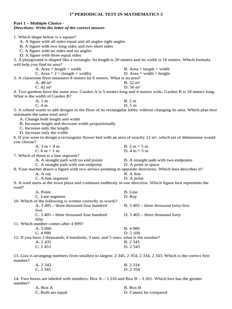 PT - MATHEMATICS 3 - Q1 MATATAG With TOS KEY | PDF | Area | Length