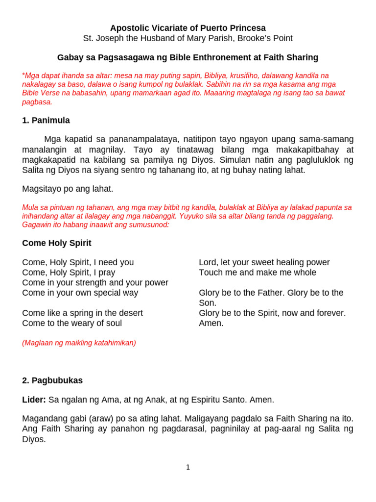 Opening Liturgy (Guide For Bible Enthronement and Faith Sharing) | PDF