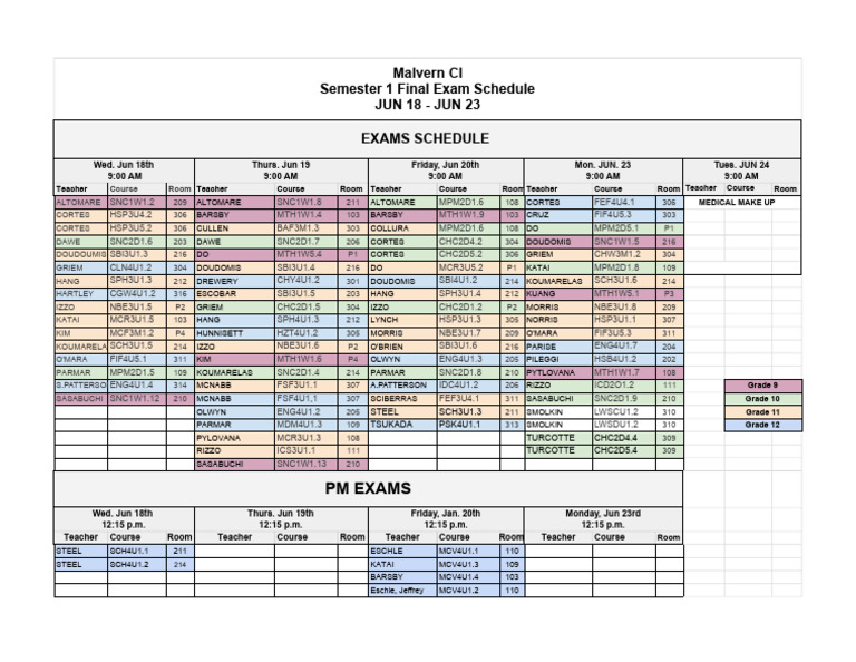 Malvern CI Semester 1 Exam Schedule | PDF