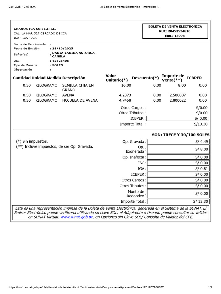 Boleta de Venta Electronica - Impresion | PDF
