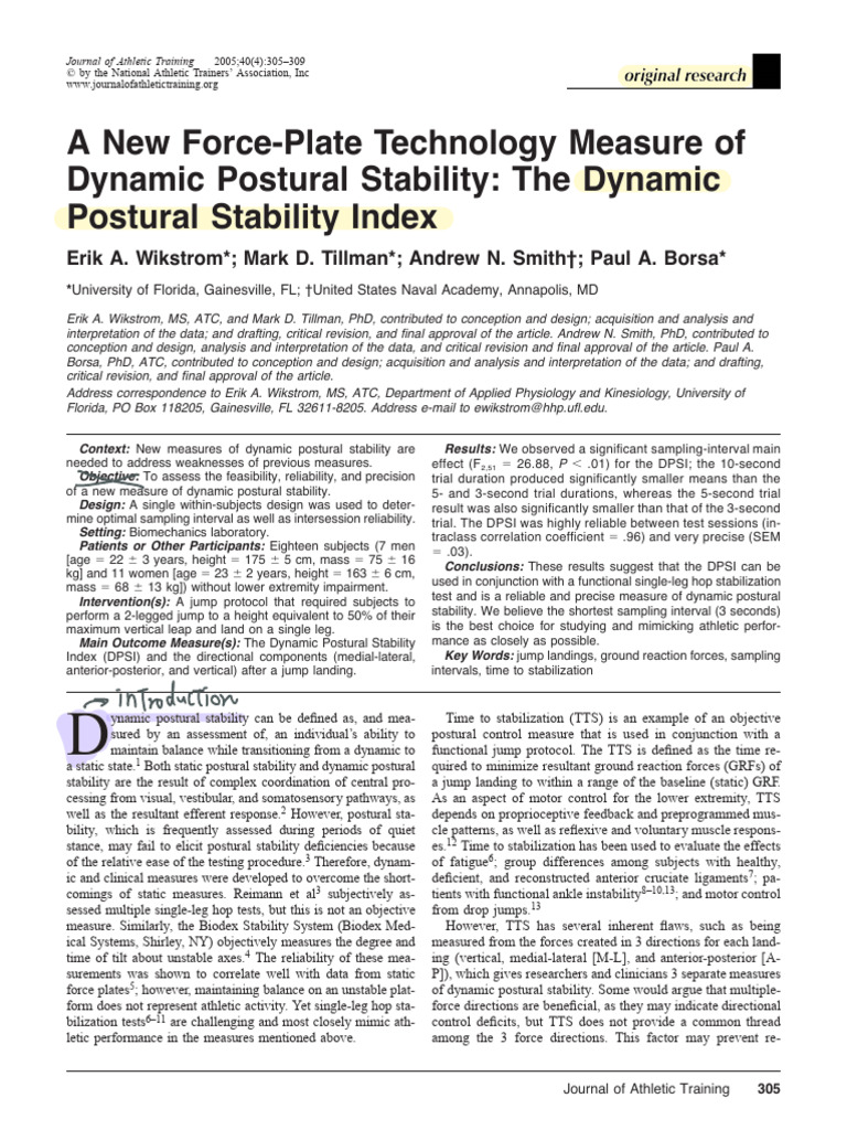 Dynamic Postural Stability Index Study | PDF | Balance (Ability ...