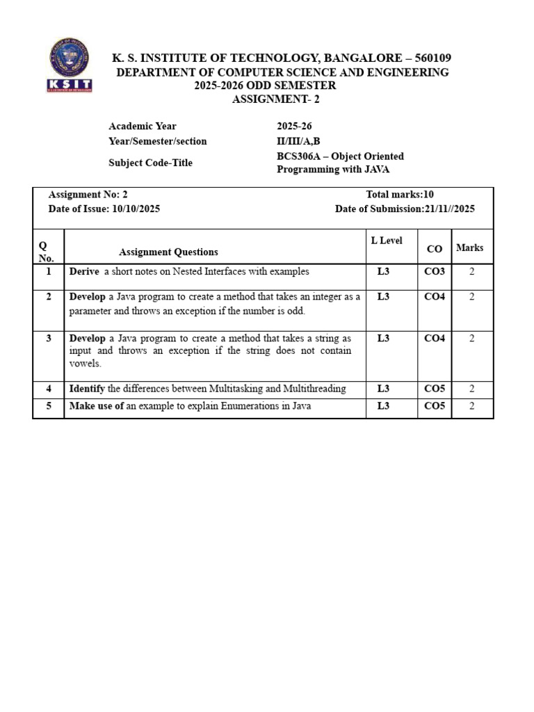 Assignment 2 JAVA BCS306A | PDF